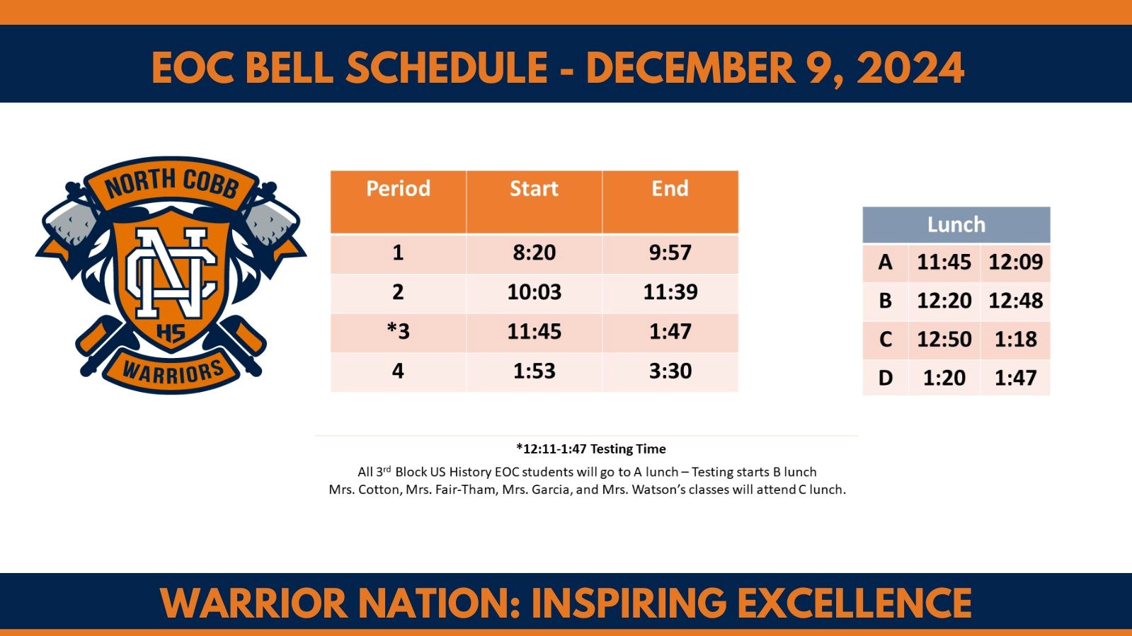 EOC Bell Schedule Monday, December 9, 2024